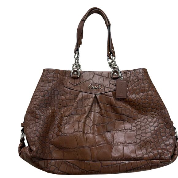 Coach | Bags | Coach Brown Crocembossed Leather Tote Bag Large Shoulder ...